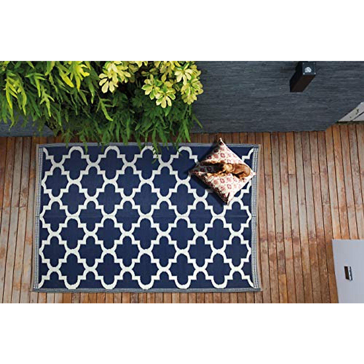 Beverly Rug Trellis Outdoor Rugs 10x13 Waterproof Reversible Plastic Straw Rug Outdoor Carpet, Outside Mat for Patio, Camping, Picnic, Porch, Deck, RV, Beach, Pool, Blue and White