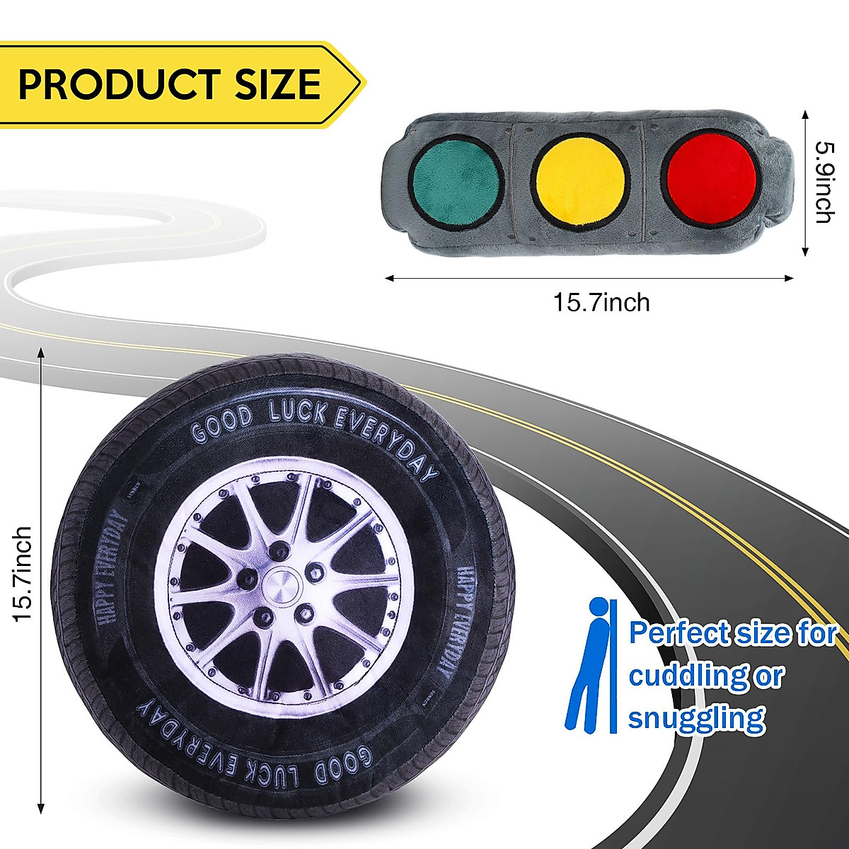 2 Pcs Racing Room Pillow Decorations Set 15.7 Inch Big Creative 3D Simulation Wheel Pillow Funny Traffic Cone Traffic Light and Stop Sign Plush Pillow Soft Car Tire Pillow for Kid Room (Traffic Light)