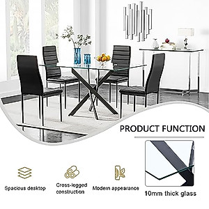 NIERN Glass Dining Table Set for 4, Modern 5-Piece Rectangular Kitchen Table Set with 4 upholstered high-Back Chairs for Kitchen Dining Room (Black Table with Black Chair)