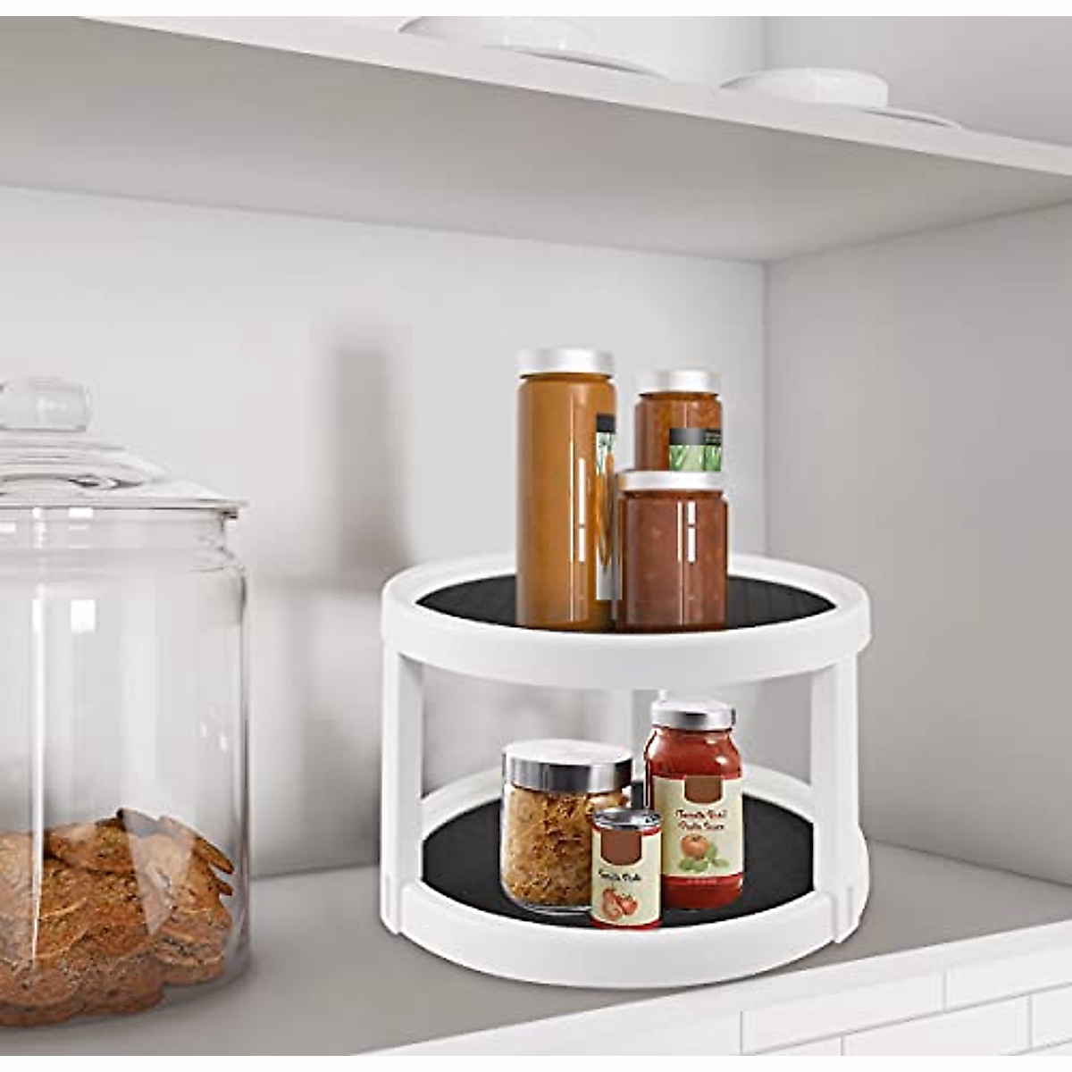 HOME-X Two-Tier Lazy Susan, Nonskid Turntable, Rotating Organizer for Pantry, Kitchen Counter, or Table, 9 ¾" D x 6" H, White