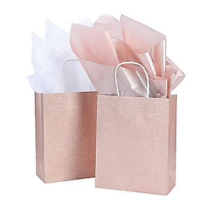 UNIQOOO 12 Pack Rose Gold Glitter Gift Bags w/ 12 Rose Gold 12 White Tissue Wrapping Paper | Kraft Paper Favor Bag for Wedding Bridal Shower Baby Shower Valentine's Day Holiday Anniversary Party