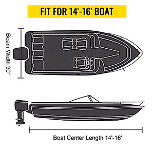 VEVOR Waterproof Boat Cover, 14'-16' Trailerable Boat Cover, Beam Width up to 90" v Hull Cover Heavy Duty 210D Marine Grade Polyester Mooring Cover for Fits V-Hull Boat with 5 Tightening Straps