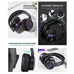 Wireless Glowing Headset Foldable Headphones Bluetooth 5.0 Fingers Touch Control with MIC TF Card 3.5mm Audio Port deep bass (Black Color)