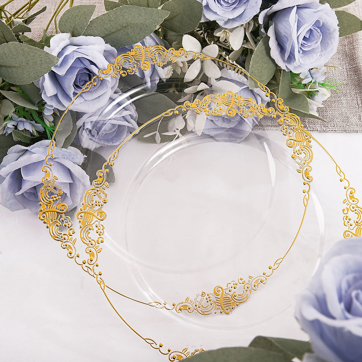 Morejoy 100 Pieces Gold Plastic Plates - Clear Gold Disposable Plates - 10.25inch Clear Plastic Dinner Plates With Gold Rim for Weddings & Parties & Shower