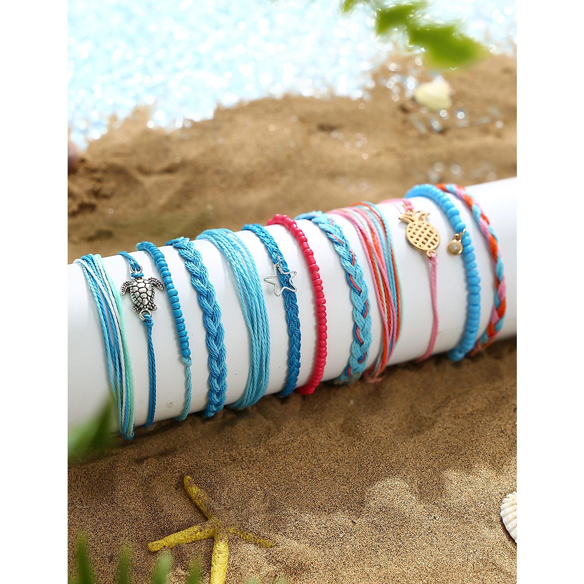 LOLIAS 24 Pieces Waterproof String Bracelets for Women Surfer Wave Boho Bracelet Adjustable Handmade Friendship Bracelet String Ocean Beach Boho Bracelets Anklets for Women Ocean