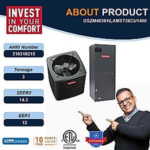 Goodman 3 Ton 14.3 SEER2 High-Efficiency Single Stage Split System Heat Pump GSZM403610 and Multi-Positional Multi-Speed Air Handler AMST36CU1400 with Internal TXV