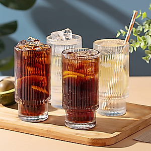 SUNNOW Vastto 11 Ounce Stackable Ribbed Glass Cup,Iced Tea Glasses for Water, Beverage,Juice, Wine,Beer and Cocktail,Set of 4