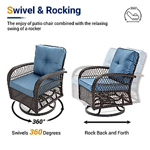 UDPATIO 3 Pieces Patio Furniture Set, Outdoor Swivel Gliders Rocker, Wicker Patio Bistro Set with Rattan Rocking Chair, Glass Top Side Table and Thickened Cushions for Porch Deck Backyard (Blue)