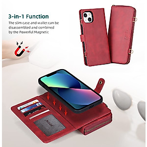 Misscase Compatible with iPhone 13 Wallet Case 2021,Multi-Function Wallet Case,2 in 1 Detachable Magnetic Wallet Case with Card Holder,PU Leather Flip Cover with Lanyard,13 Card Slots Red