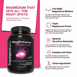 Intelligent Labs MagEnhance Magtein Magnesium Complex Supplement L-Threonate with Magnesium Glycinate and Taurate, 90 Capsules