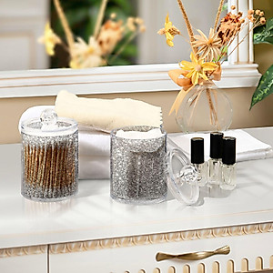 Silver White Glitter Qtip Holder Dispenser Flash Gradient Sparkle Bathroom Canister Storage Organization 2 Pack Clear Plastic Apothecary Jars with Lids Vanity Makeup Organizer For Cotton Swab Ball F