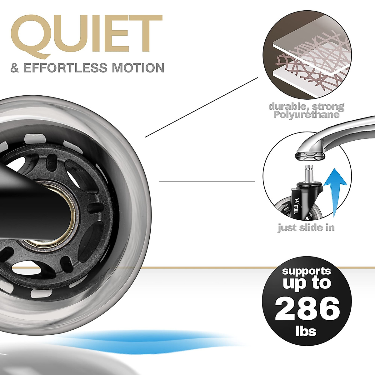 Wittool Office Chair Wheels - Set of 5 Smooth Gliding Caster Wheels - Heavy Duty Up to 291 Pounds - Office Chair Casters Replacement - Computer Chair Wheels - Universal Fit - for All Floors