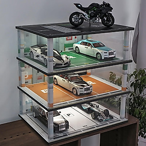 kivcmds Model Car Display Case 1:18 Scale Diecast Diorama Garage with Lights for Lego Alloy Car Collectibles Wood Storage Shelf,3 Tiers of 9 Parking Spaces