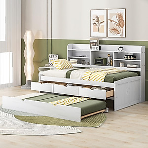 MiHunnor Twin Size Captain Bed with Built-in Bookshelves, Wooden Daybed with 3 Storage Drawers and Trundle, Sofa Bed Frame for Bedroom Living Room