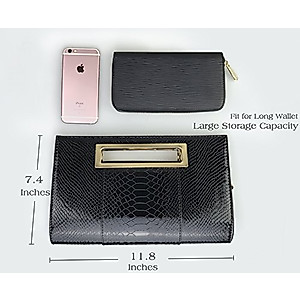 HOXIS Classic Crocodile Pattern Faux Patent Leather Metal Grip Cut it out Clutch with Shoulder Strap Womens Handbag(Black)