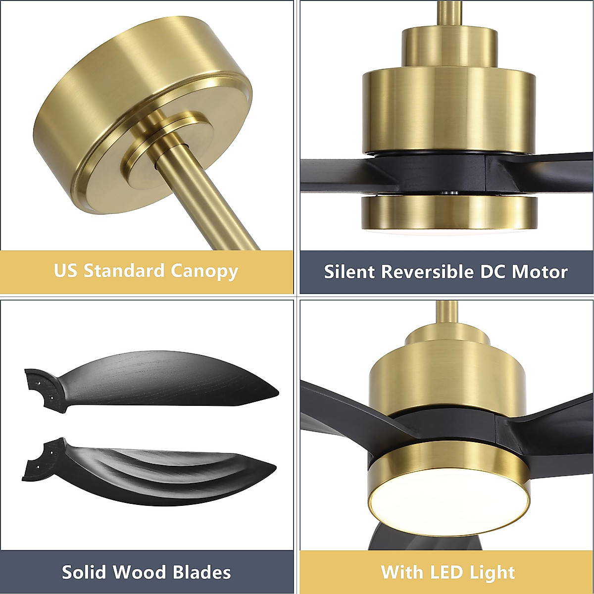 ELEHINSER 64" Wood Ceiling Fan with Lights and Remote Control, 3 Blades 6-Speed Reversible DC Motor Ceiling fan for Kitchen Bedroom Dining Living Room, Black Wood Blades with Gold