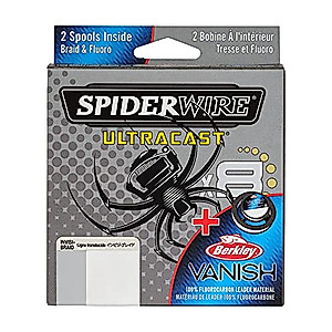 SpiderWire Ultracast Braid Vanish Fluorocarbon Dual Spool, 30lb Translucent Braid with 50lb Clear Fluoro Leader, 164yd | 150m