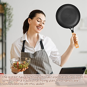 KWAY Cast Iron Skillets, Cast Iron Pan, 10 Inch Frying Pans Nonstick, Less Fat Cooking Pan - Resistant Hot Wooden Handle - Easy to Clean Handy Fry Pan - Camping Indoor and Outdoor Cooking (10 inch)