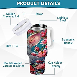 White Rabbit Pink Flowers 40 Oz Tumbler, Stainless Steel Cups with Lid, Tumbler for Men