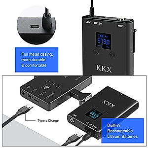 KKX UHF Wireless Lavalier Microphone System Professional Dual Transmitters Wireless Lapel Mic System Compatible with iPhone, DSLR Camera, Camcorder, Conference, Interview & YouTube