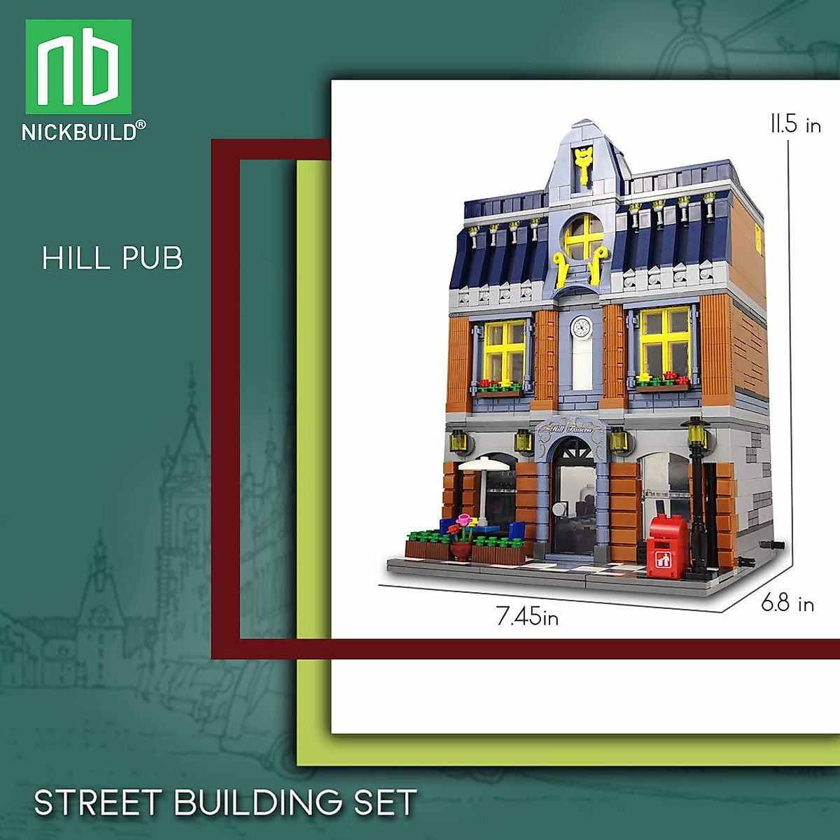Nickbuild Street Hill Pub MOC Building Blocks Toy, Towns Series Kits, Collectible Play Model Set and Building City Toys for Kids and Teens (1367 PCS)