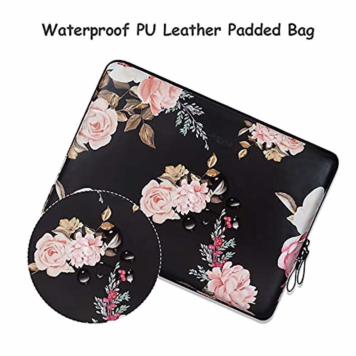 MOSISO Laptop Sleeve Bag Compatible with MacBook Air/Pro,13-13.3 inch Notebook,Compatible with MacBook Pro 14 inch 2023-2021 M2 A2779 A2442 M1, Peony PU Leather Padded Bag Waterproof Case, Black