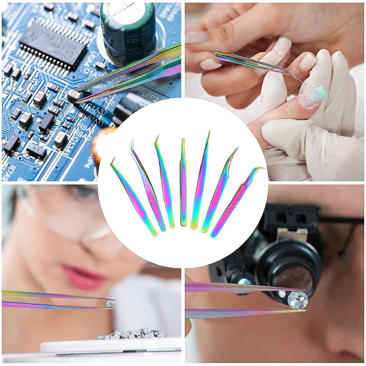 Eyelash Extension Tweezers Set, Fangze 7 Pcs Lash Kit Rainbow Stainless Steel Straight and Curved Tweezer for Nail Art Ingrown Hair Craft