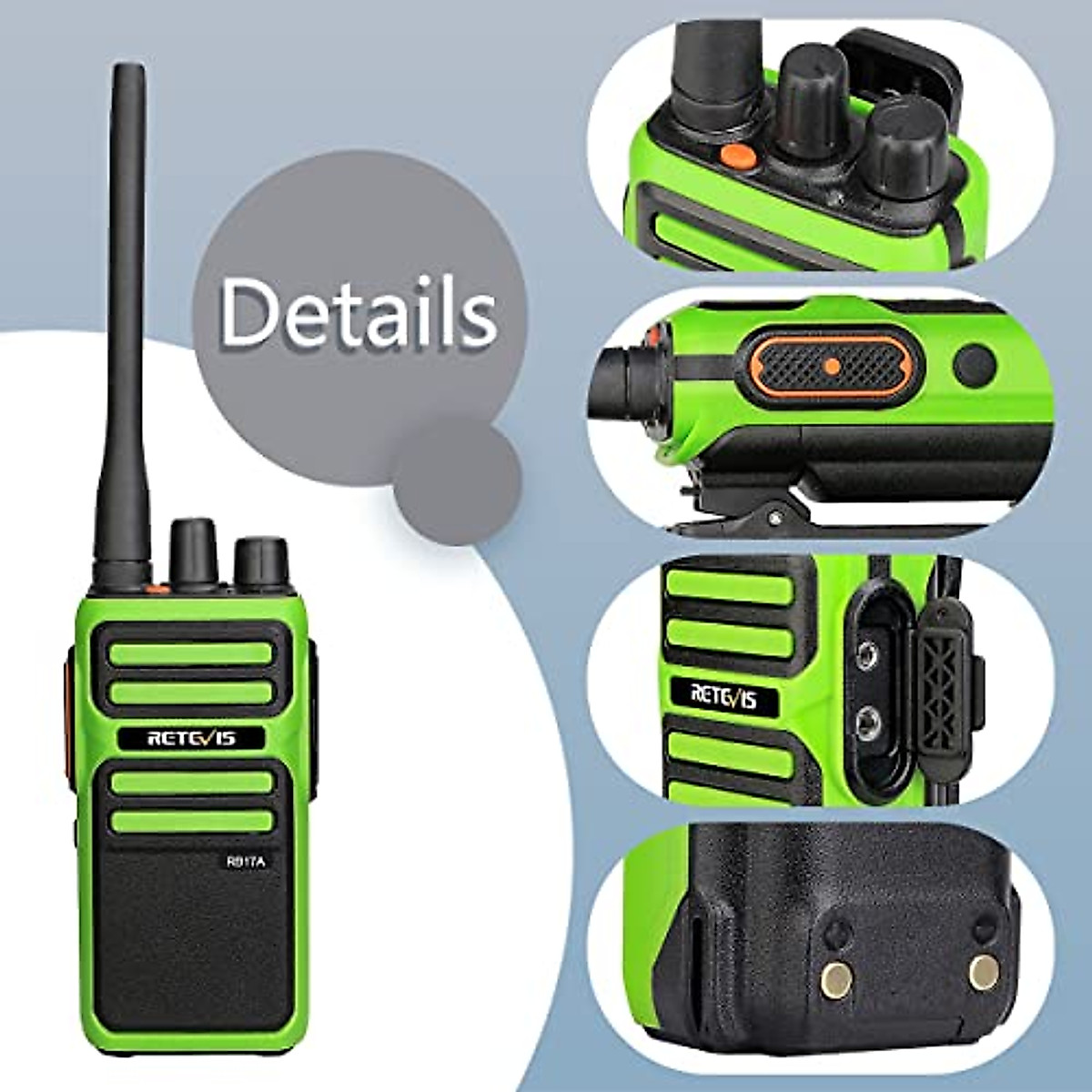 Retevis RB17A Long Range Walkie Talkies, GMRS 5W High Power 2 Way Radios with Earpiece and Mic, Rugged, Durable, for Jobsite Construction Industrial(Green,4 Pack)