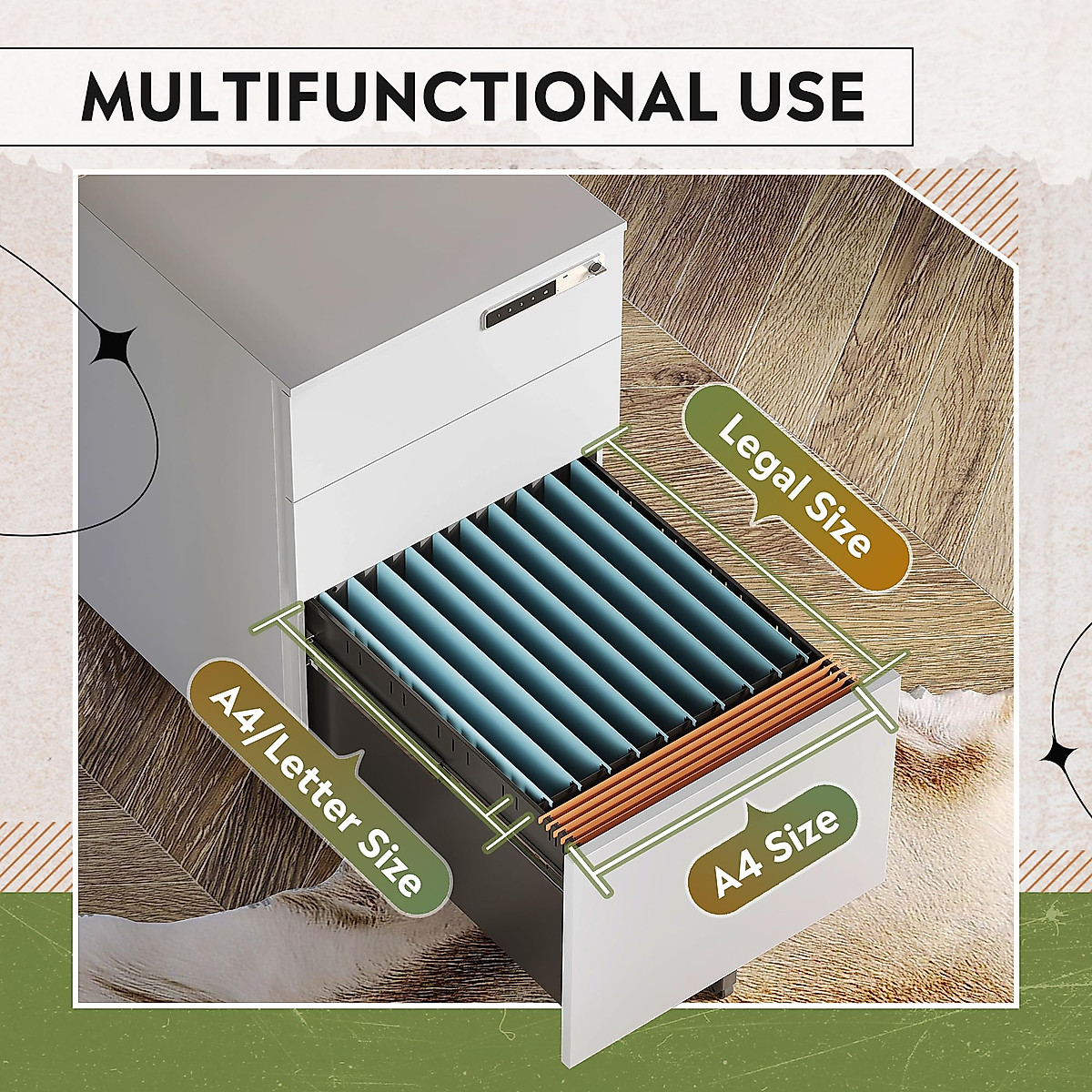 DEVAISE 3-Drawer Mobile File Cabinet with Smart Lock, Pre-Assembled Steel Pedestal Under Desk, White