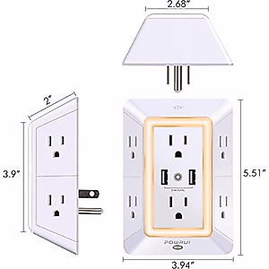 USB Wall Charger, Surge Protector, POWRUI 6-Outlet Extender with 2 USB Charging Ports (2.4A Total) and Night Light, 3-Sided Power Strip with Adapter Spaced Outlets - White，ETL Listed