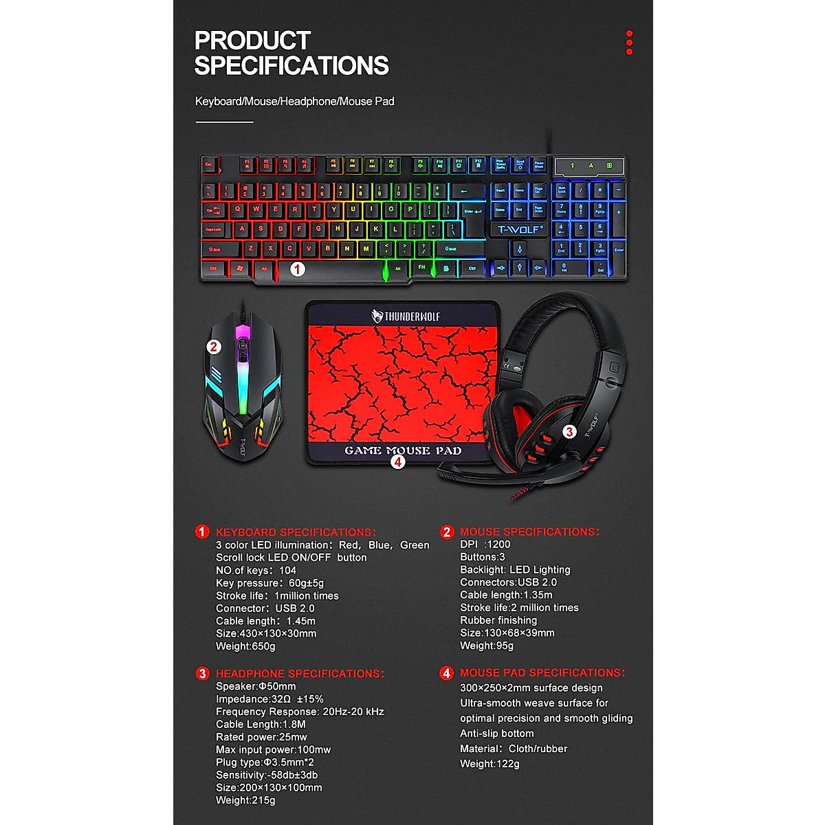 T-Wolf Gaming Combo TF800 Keyboard/Mouse/Headphone/Mouse Pad Wired LED RGB Backlight Bundle for PC Gamers Users - 4 in 1, Black