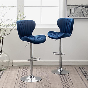 Roundhill Furniture Ellston Velvet Adjustable Swivel Barstools in Blue, Set of 2