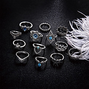 ABJFJE 13Pcs Vintage Silver Stackable Finger Rings Set Boho Midi Cool Gothic Punk Hollow Carved Flowers Turtle Heart Crystal Knuckle Rings Set for Women (13Pcs Silver ring)