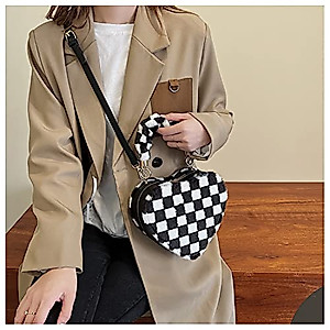Women Girls Fuzzy Heart Shape Handbag Soft Warm Fleece Dating Bag Crossbody Purse (Black checkerboard)
