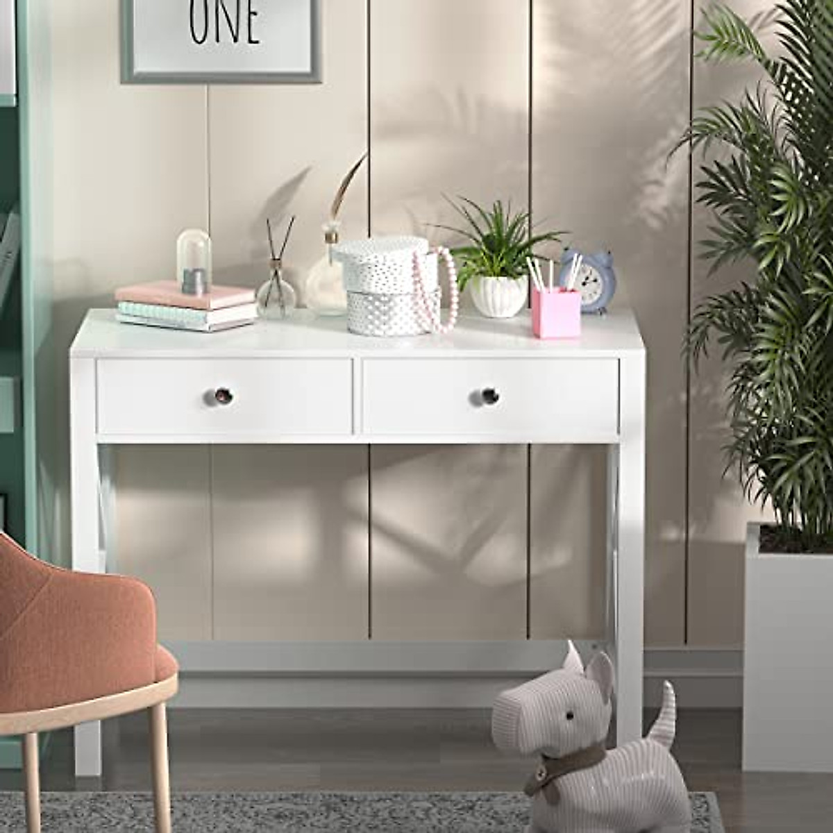 EdMaxwell White Home Office Desk with Drawers, Modern Writing Computer Desk, Small Makeup Vanity Table Desk for Bedroom, Study Table for Home Office