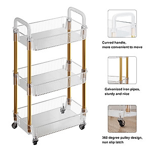 Dttwacoyh 3-Tier Rolling Cart，Makeup Cart with Wheels，Snack Cart，PET and Metal Rolling Cart for Living Room，Kitchen，Office，Bathroom，Golden