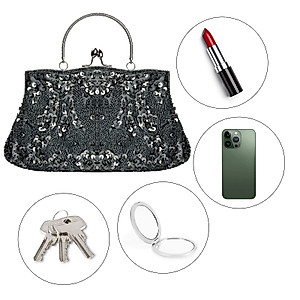 jessie Women's Evening Bag Party Wedding Bag Vintage Beaded Clutch Bag for Women Cocktail Party Handbags (Gray mechanical plate)