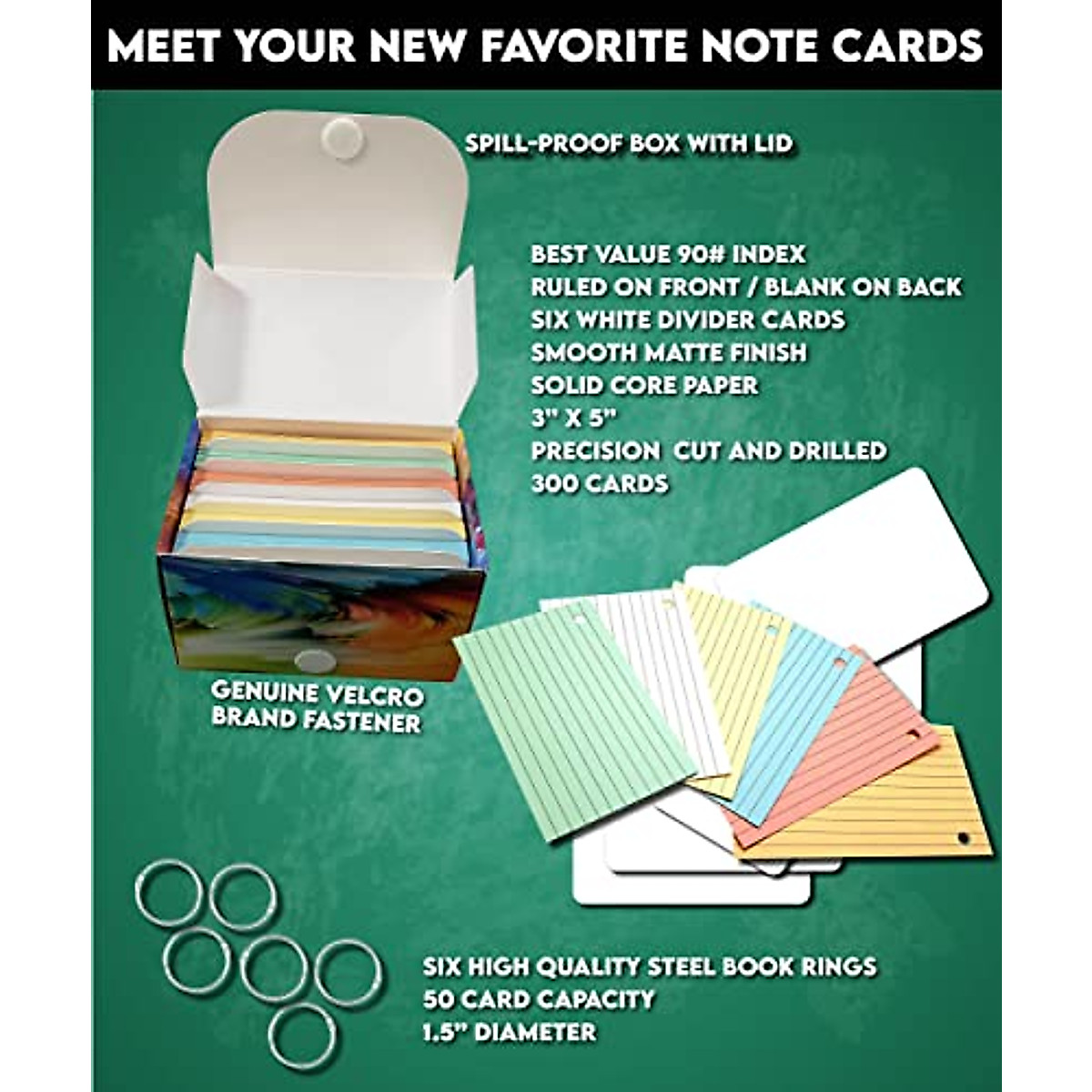 300 ruled index cards with rings (3" x 5") in 6 colors, with storage box. Ideal for students, teachers, note-taking, and language learning. Made in USA.
