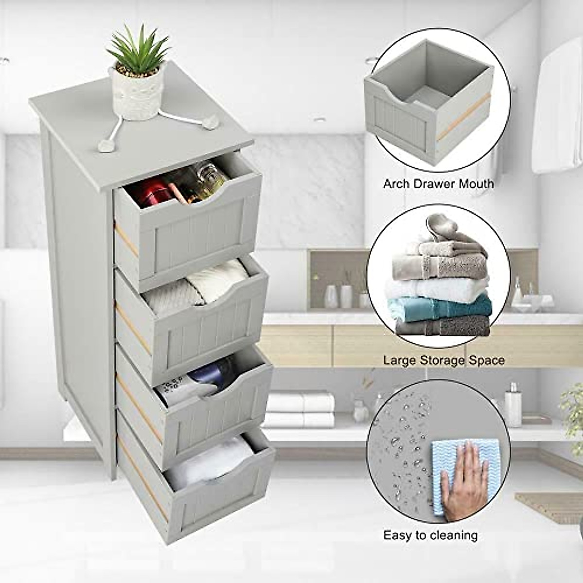 MAXCBD Nightstand Bedside Table Drawer Cabinet 4 Drawers Free Standing Cabinet Bathroom Floor Cabinet Storage Organizer Space Saving Floor Standing Storage Unit Storage Tower Dresser
