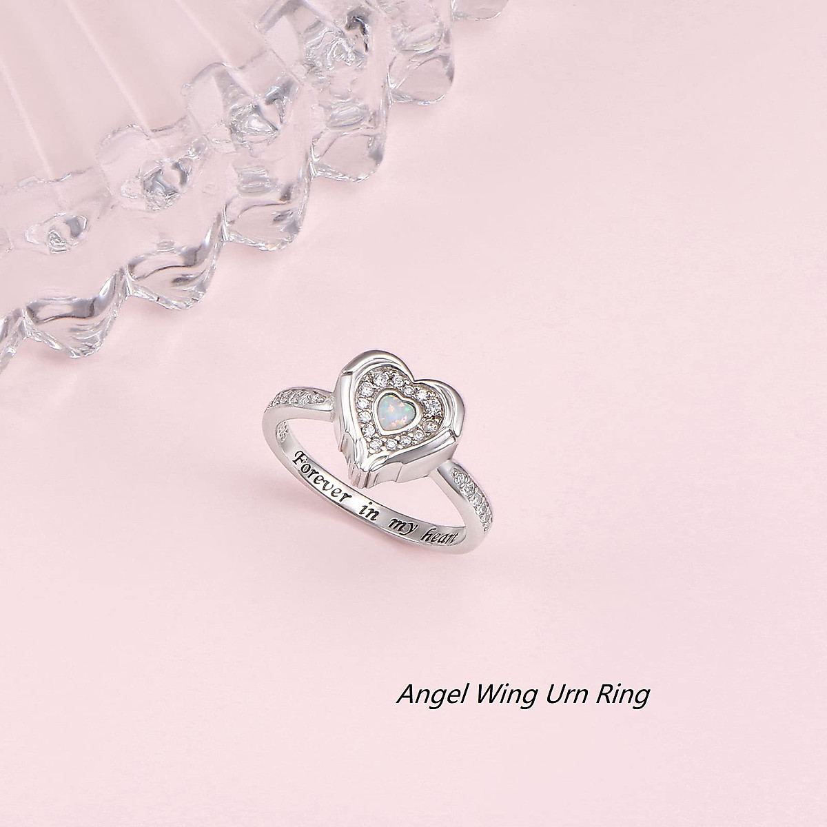 925 Sterling Silver Lab Opal Heart Urn Ring for Ashes Angel Wings Cremation Jewelry Memorial Keepsake Rings for Women Girls Size 7
