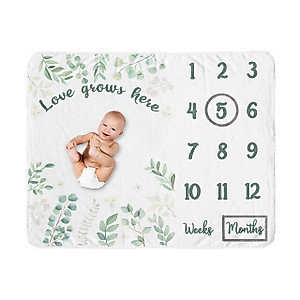 Sweet Jojo Designs Floral Leaf Boy or Girl Milestone Blanket Monthly Newborn First Year Growth Mat Baby Shower Memory Keepsake Gift Picture - Green Boho Watercolor Botanical Woodland Tropical Garden
