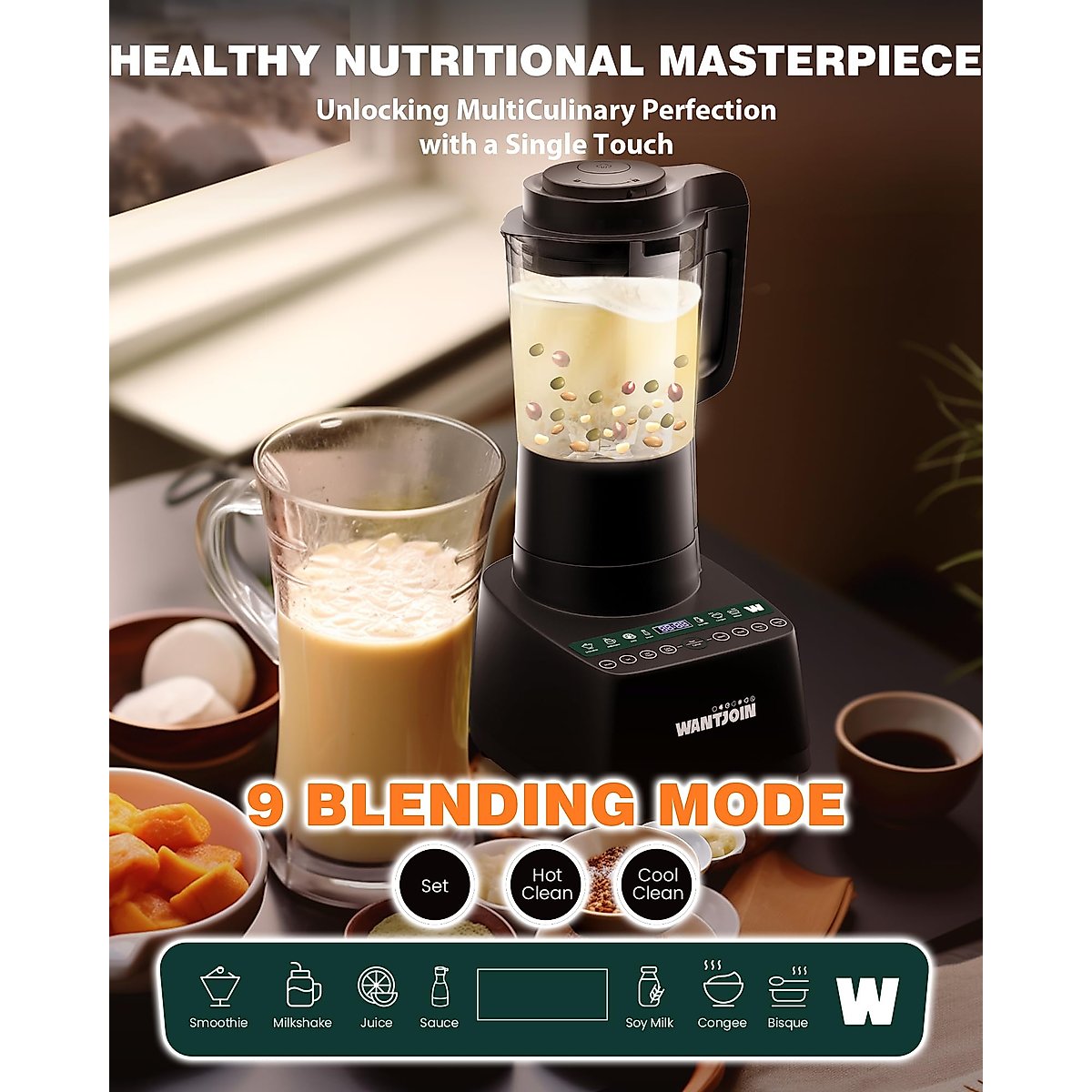 WantJoin 60 Oz Hot & Cold Countertop Cooking Blender, 24000RPM High-Speed Blender with 9 One Touch Programs, Soybean Milk Machine for Nut Butters,Soups,Shakes and Smoothies with 12H Delay Cook