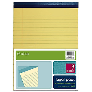 Top Flight Legal Pad, 8.5 x 11.75 Inches, 0.375 Inch Rule, Canary, 50 Sheets per Pad, 3 Pads per Pack (4513108)