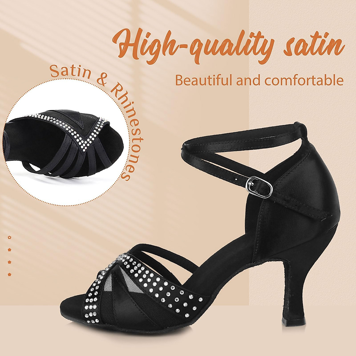 YKXLM Women Rhinestone Ballroom Dance Shoes Latin Performance Dance Shoes Women Suede Sole,L165,2 1/2 inches heel,Black,7.5US