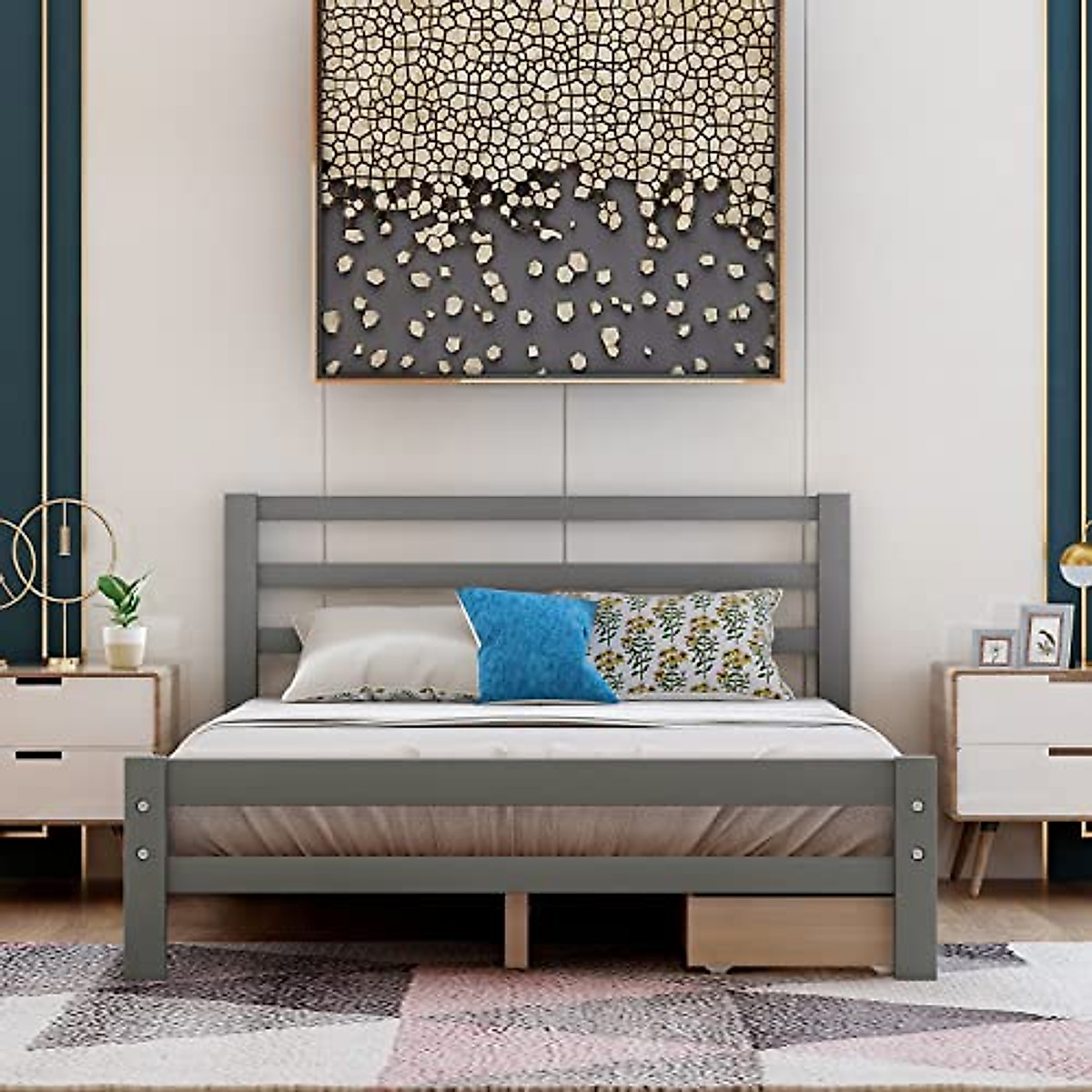 Lostcat Full Size Bed Frame with Storage and Headboard,Wood Slats Support,Solid Pinewood Bedframe, No Box Spring Needed,for Boys/Girls/Adult Bedroom,Gray