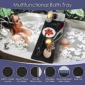 Foldable Bathtub Caddy Tray, Bamboo Bath Tub Tray Table for Tub with Wine Glass Holder Book Phone Tablet Holder with Extending Sides, Adjustable Bathroom Bathtub Free Soap Holder Gift Idea (Black)