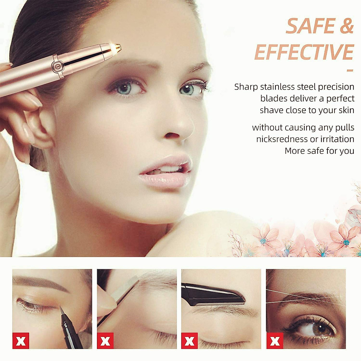 Rechargeable Eyebrow Hair Removal For Women, MMCAT Painless Electric Eyebrow Trimmer Epilator, Ladies Eyebrow Razor Shaver For Eyebrow Hair Remover With LED Light (Rose Gold)