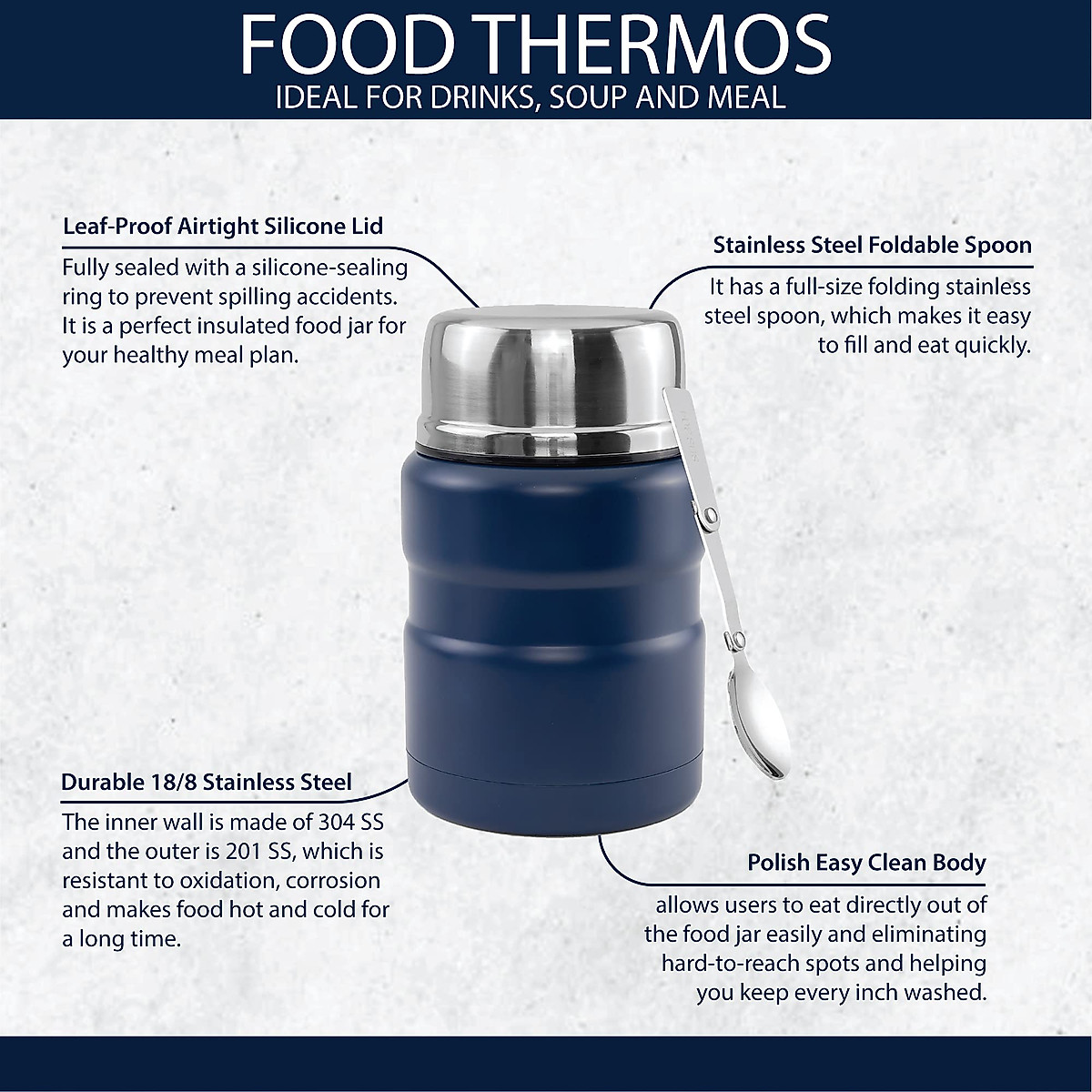 Double Wall Stainless Steel Wide Mouth 16.9 Ounce (500ml) Insulated Food Thermos for Hot Food - Leak Proof Vacuum insulated Food Jar with folding spoon for School, Office, and Travel etc. – Navy Blue