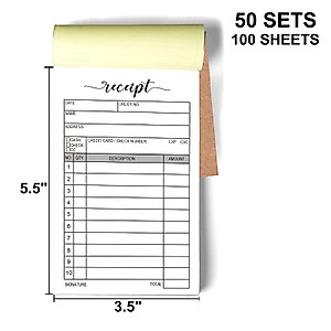 2 Packs 50-Set Receipt Pad, Carbon Duplicate Copy Sales Receipt Form, Invoice Booklet for Stores, Warehouses, Offices, and Restaurants, 3.4x5.5 Handheld, 2-Part Carbonless-White/Yellow.