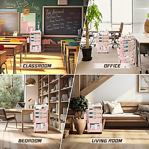 5 Tier Mobile Bookshelf Cart, Removable Movable Bookcase, Rolling Cart Book Rack Storage Bookcase Organizer, Kids Bookshelf Carts with Wheels For Living Room Classroom Office Kitchen Bedroom (Pink)